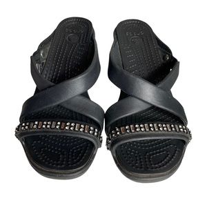 CROCS | Shoes | Crocs Cyprus Iv Black Rhinestone Heels Sandals Womens ...